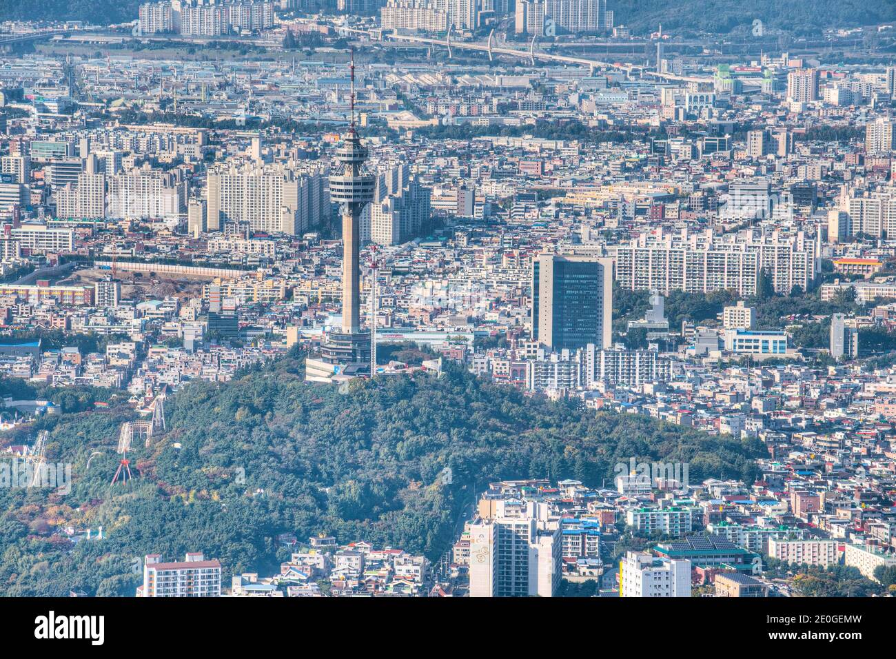 Aerial view of 83 tower from Apsan mountain in Daegu, Republic of Korea ...