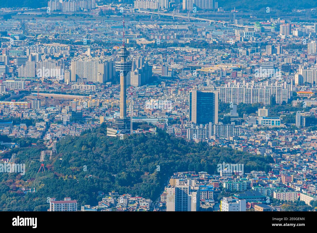 Aerial view of 83 tower from Apsan mountain in Daegu, Republic of Korea ...