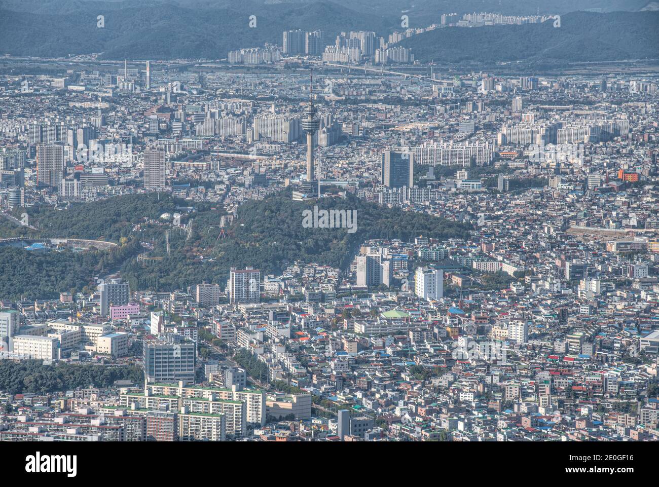 Aerial view of 83 tower from Apsan mountain in Daegu, Republic of Korea ...
