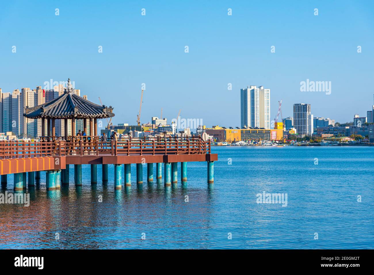 Pavilion at Cheongchoho lake with view of Sokcho, Republic of Korea ...