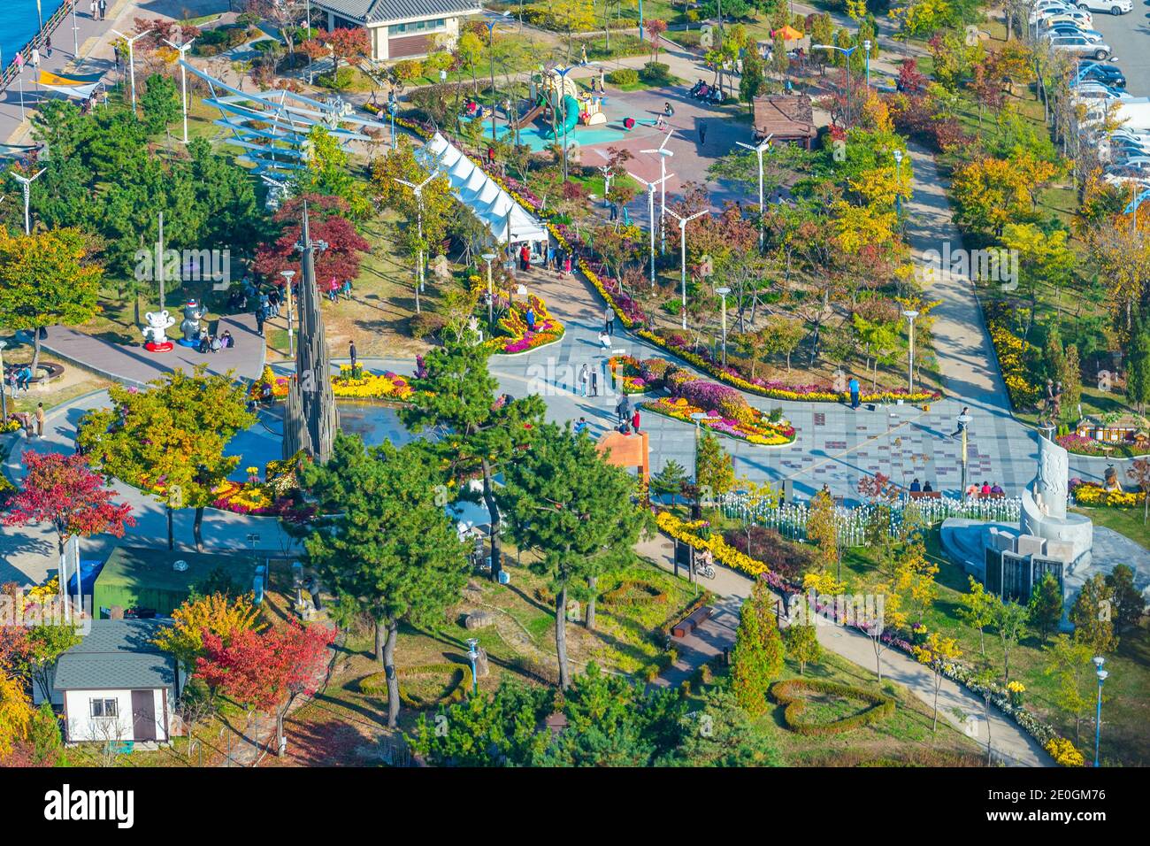 Aerial view of promenade alongside Cheongchoho lake, Republic of Korea ...