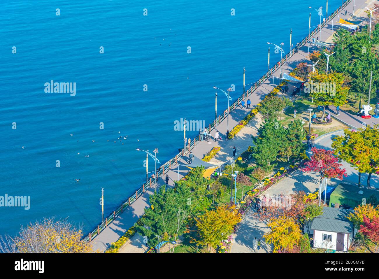 Aerial view of promenade alongside Cheongchoho lake, Republic of Korea ...