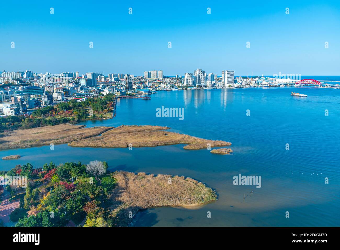 Pavilion at Cheongchoho lake with view of Sokcho, Republic of Korea ...