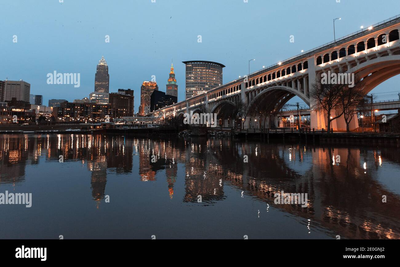 cleveland ohio skyline at blue hour on the river Stock Photo - Alamy