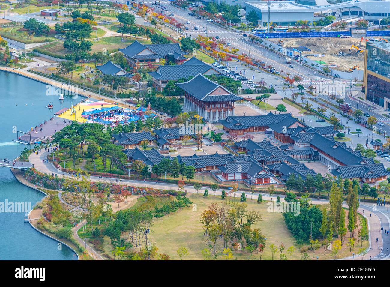 Aerial view of Hanok village at Songdo Central park at Incheon ...