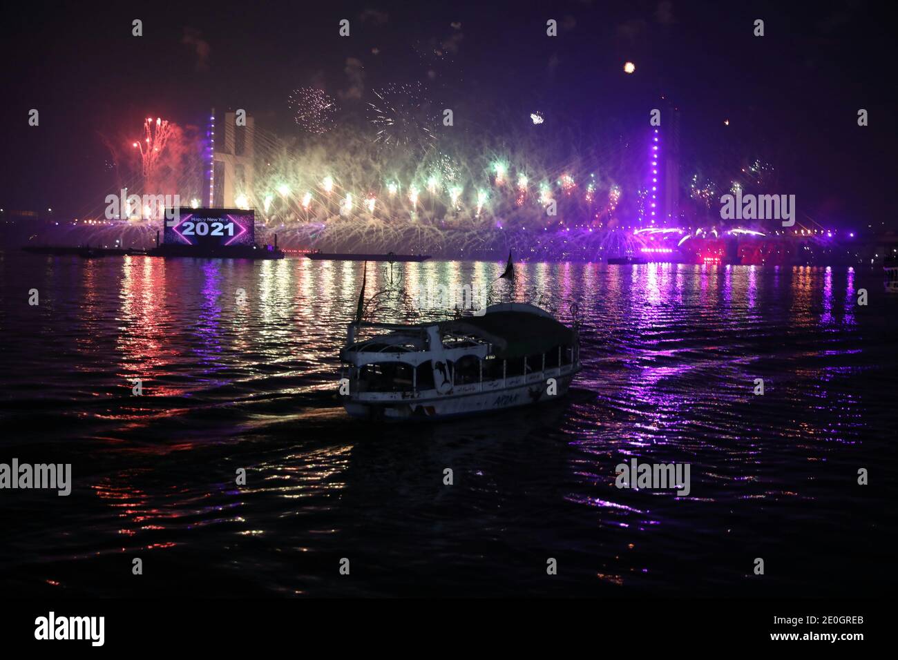 Cairo, Egypt. 1st Jan, 2021. Fireworks light up Tahya Misr Bridge ...