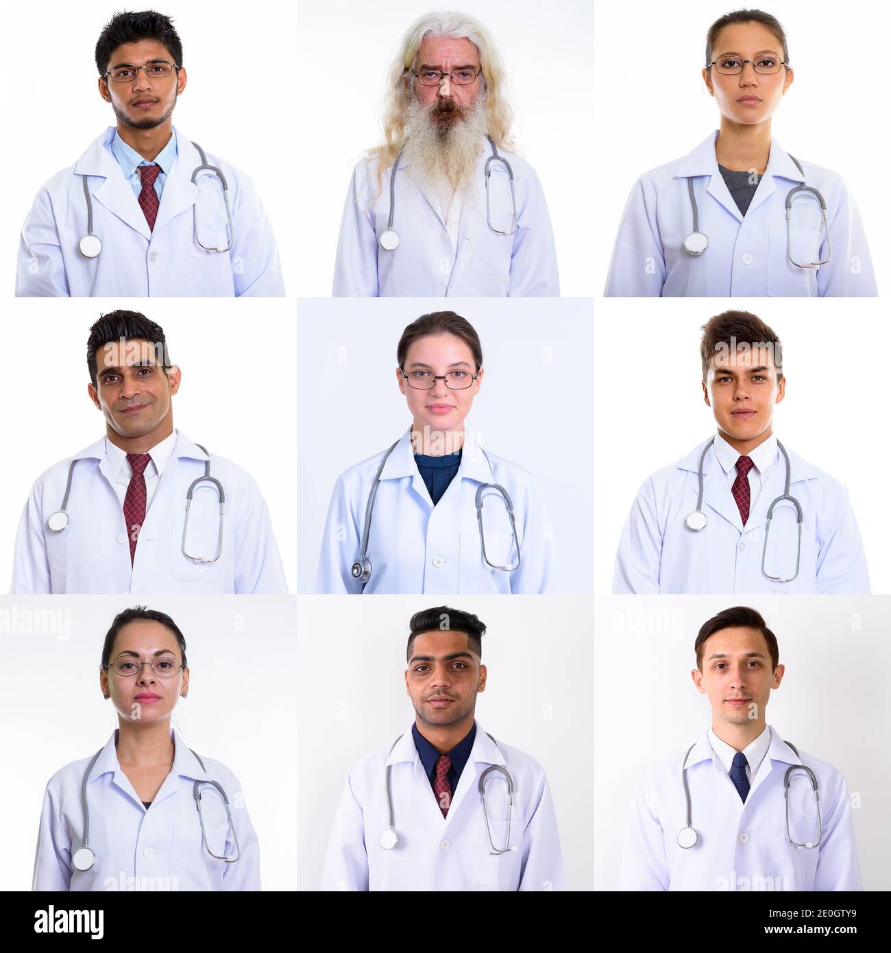 Collage of doctors and healthcare workers looking at camera shot in ...