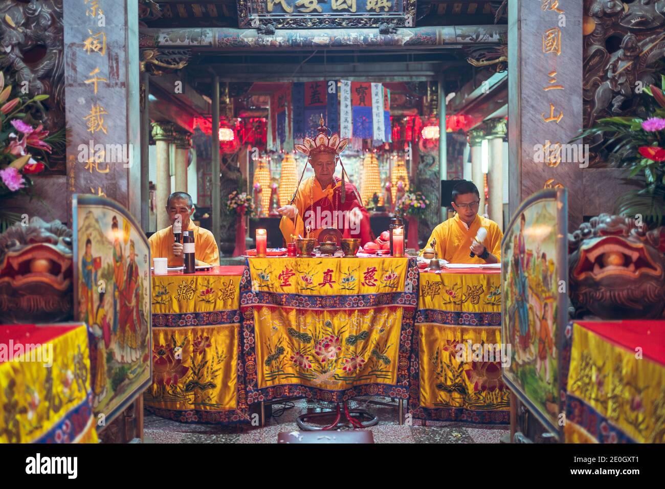 Hsinchu, Taiwan; September 7, 2020: monks performing prayers at Taoist ...