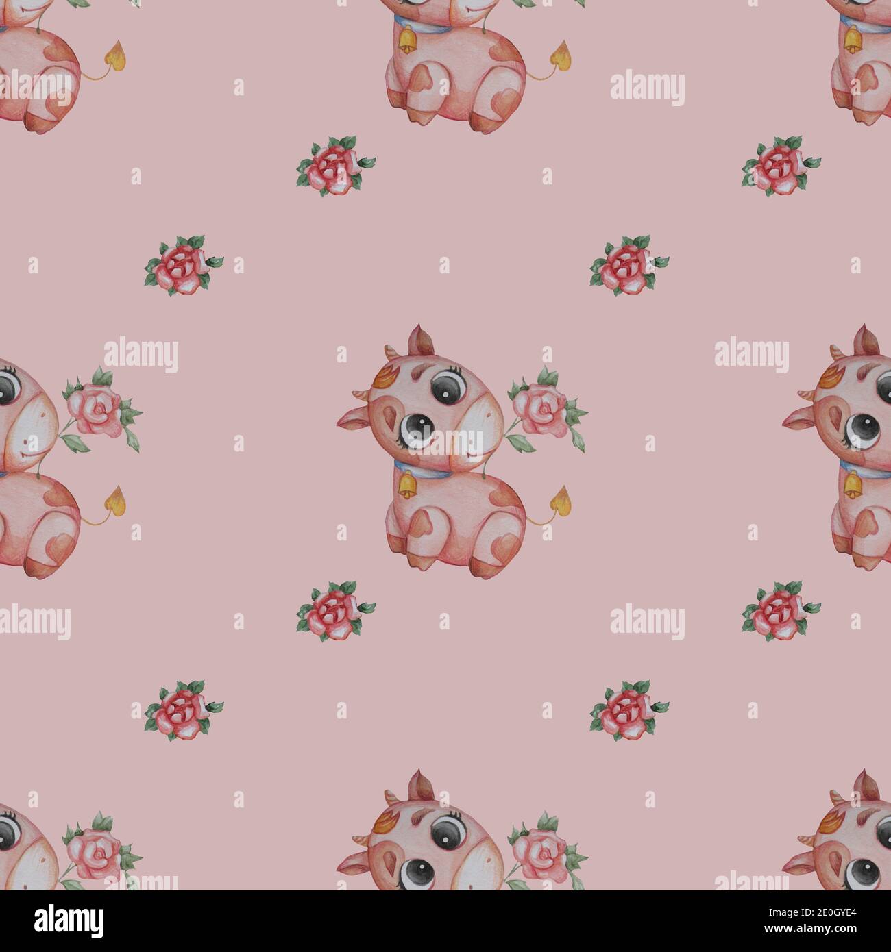 Seamless patterns. Small goby with a red rose flower on a pink ...