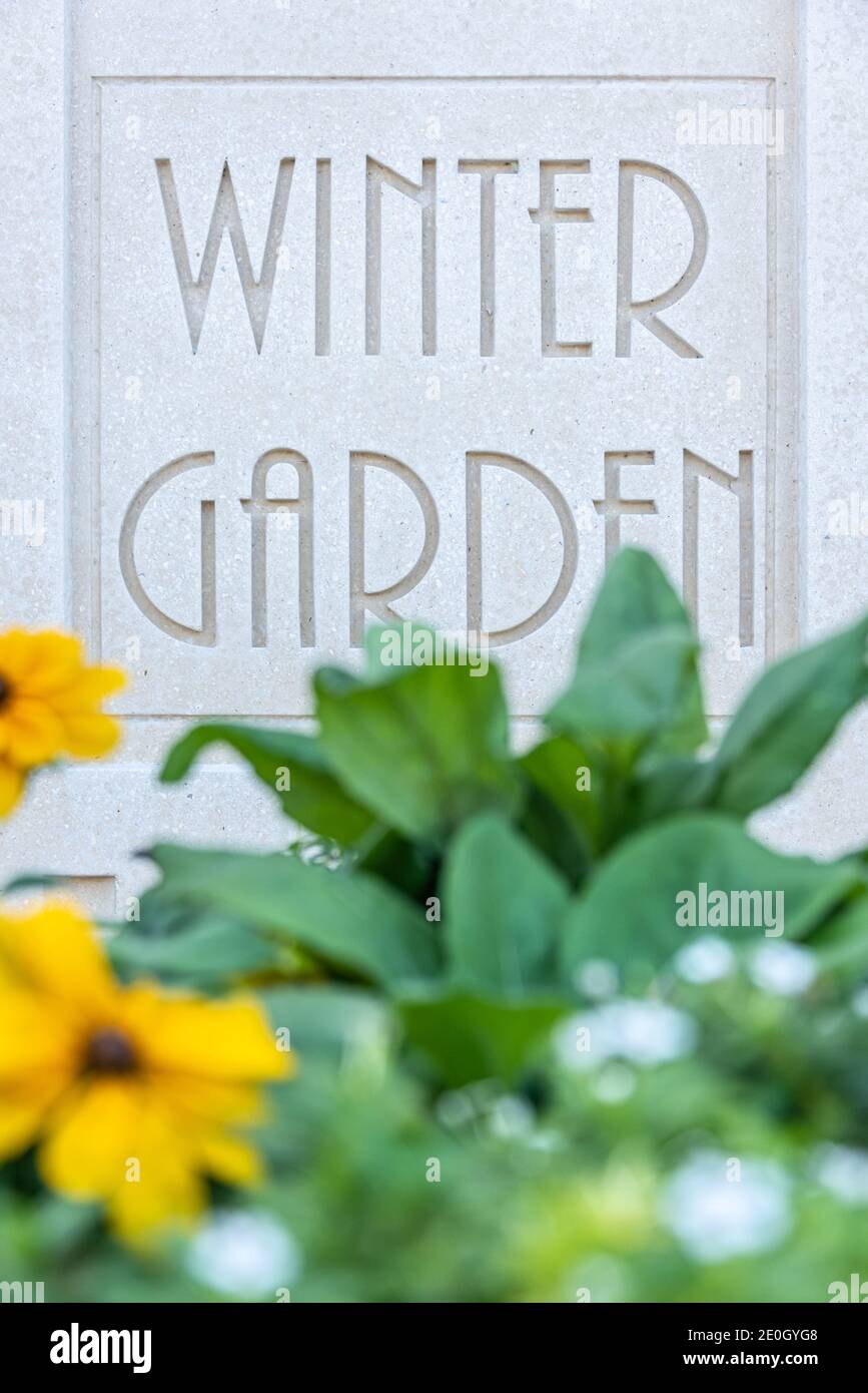 Winter Garden engraved stone signage at the art deco styled City Hall ...
