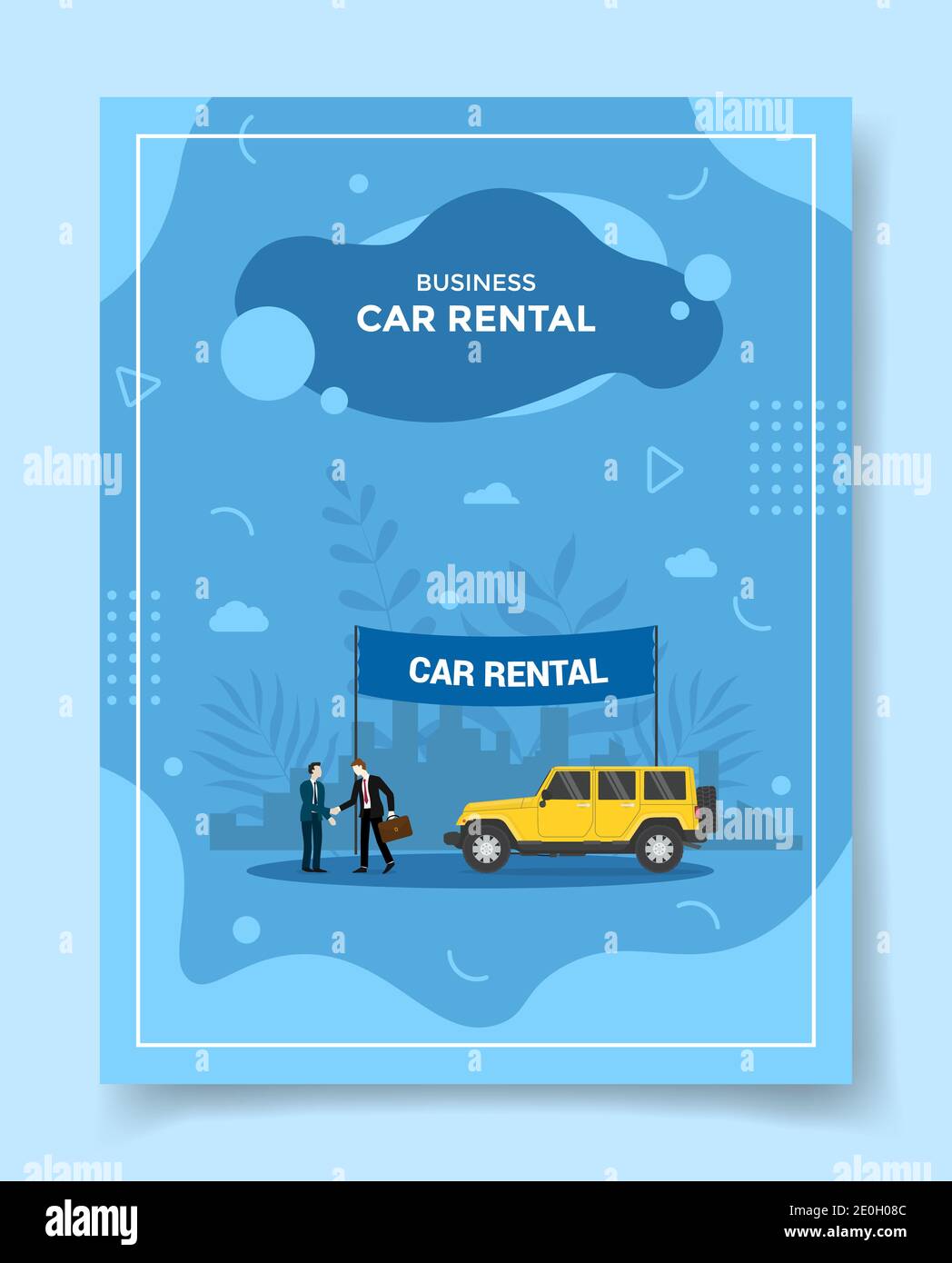 car rental people handshake around car background of city for template ...