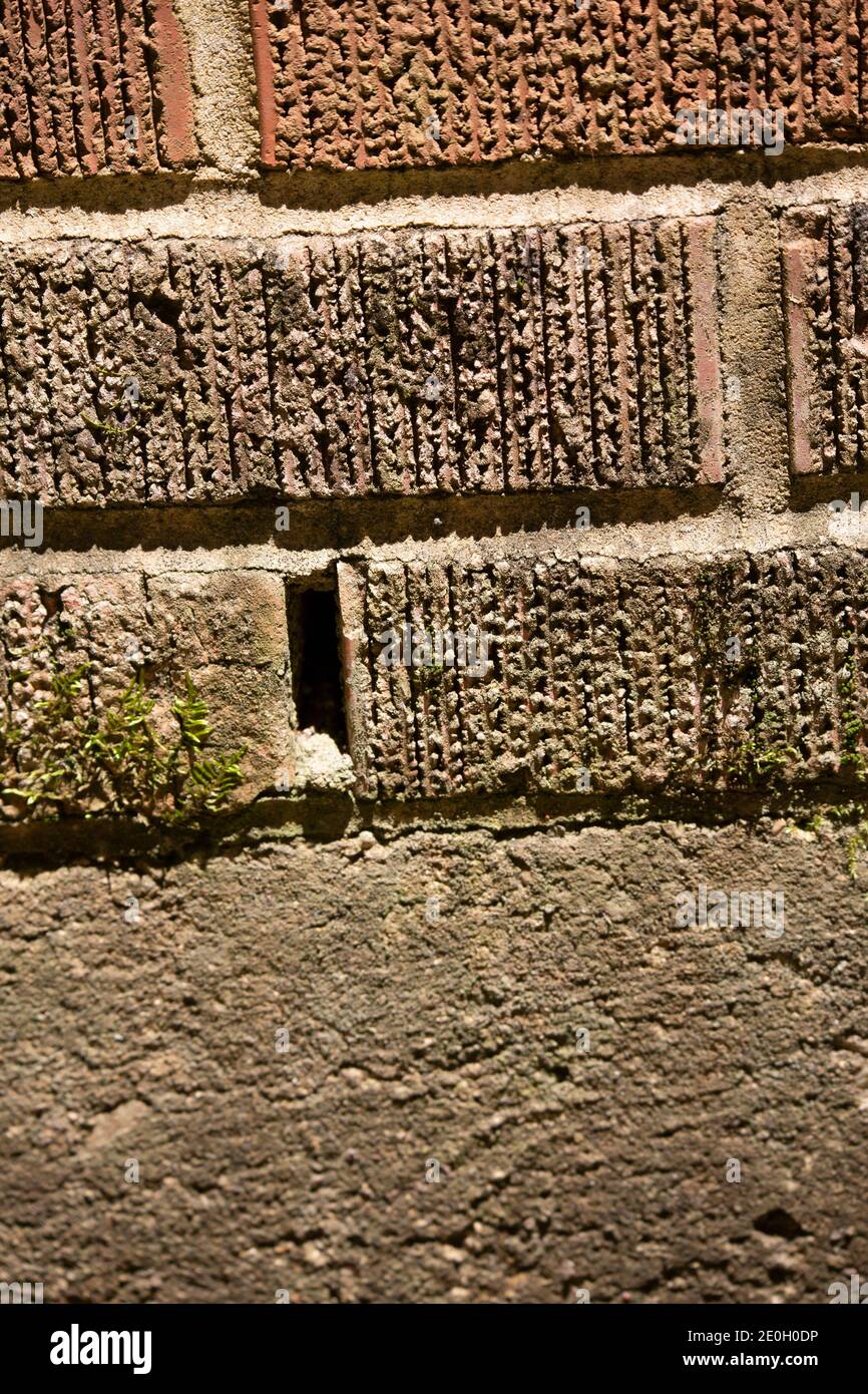 Gap of missing mortar between bricks near the cement foundation of a ...