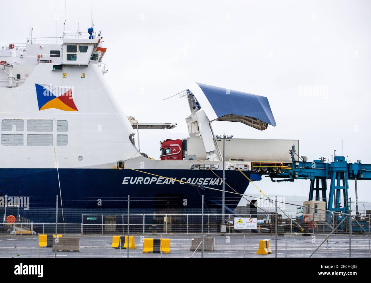 A lorry boards the P&O Ferry European Causeway at Larne Port Stock ...