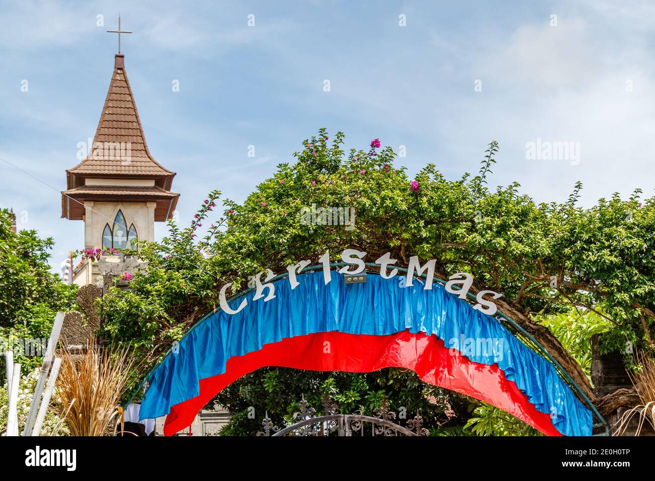 Christmas tree and decoration at a protestant church Jemaat Tirta Empul ...