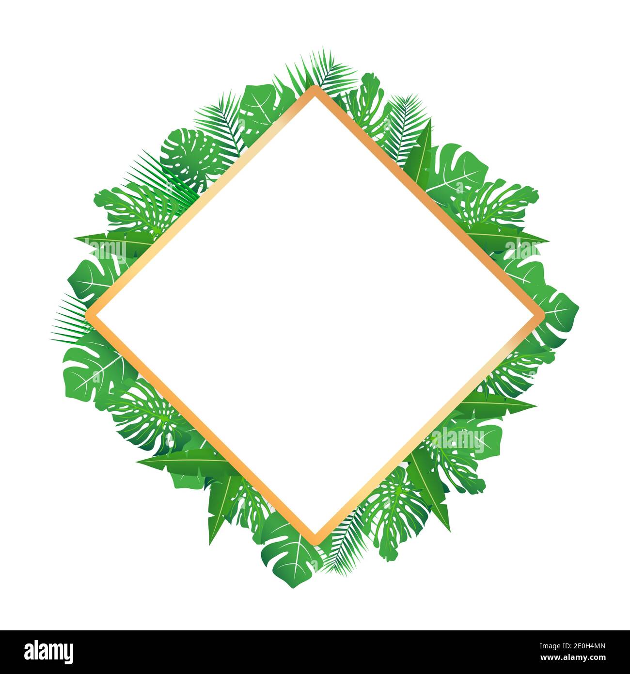 Tropical leaves around a diamond shape frame copy space. Bright ...