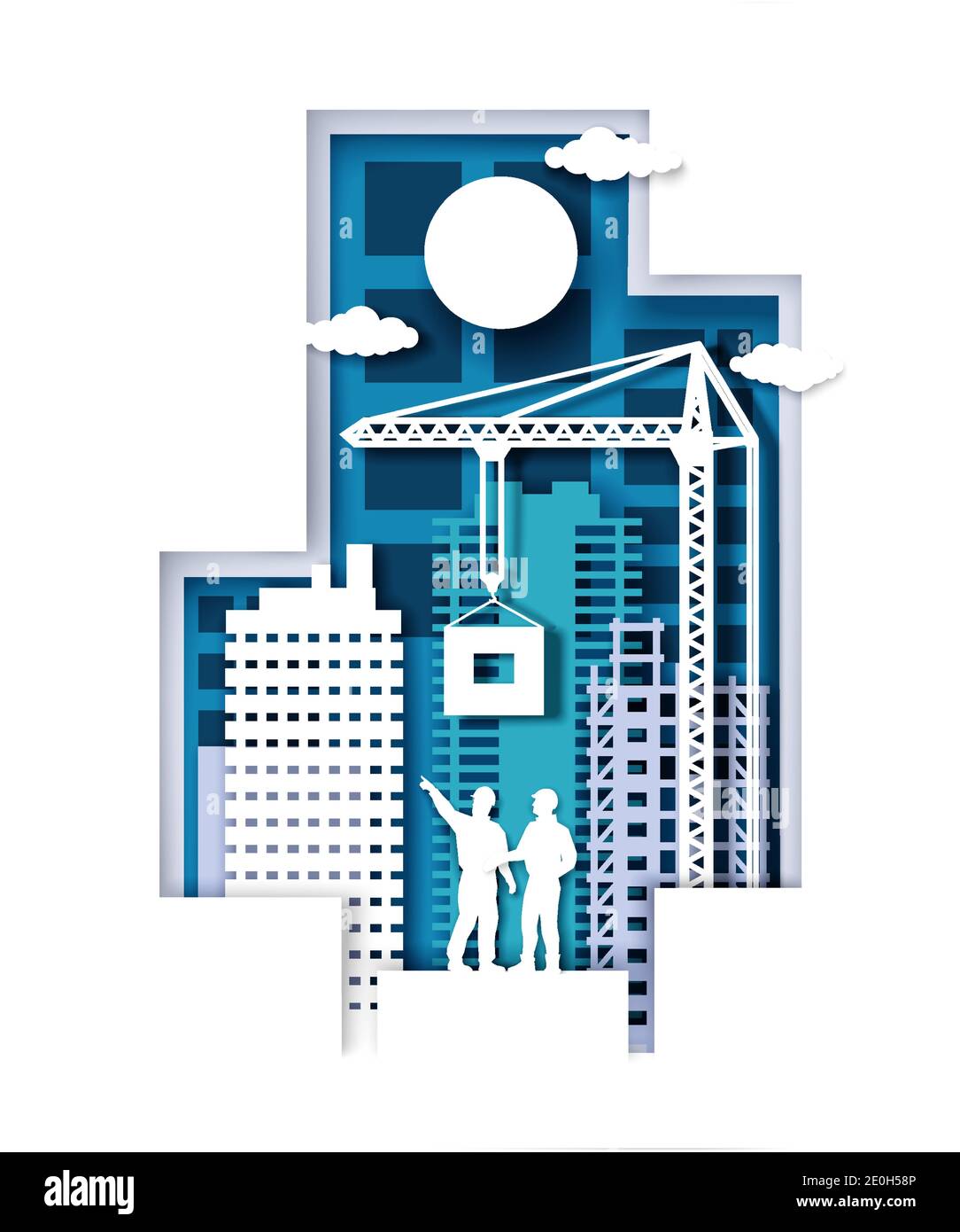 Paper cut craft style construction site with crane, buildings, builder ...