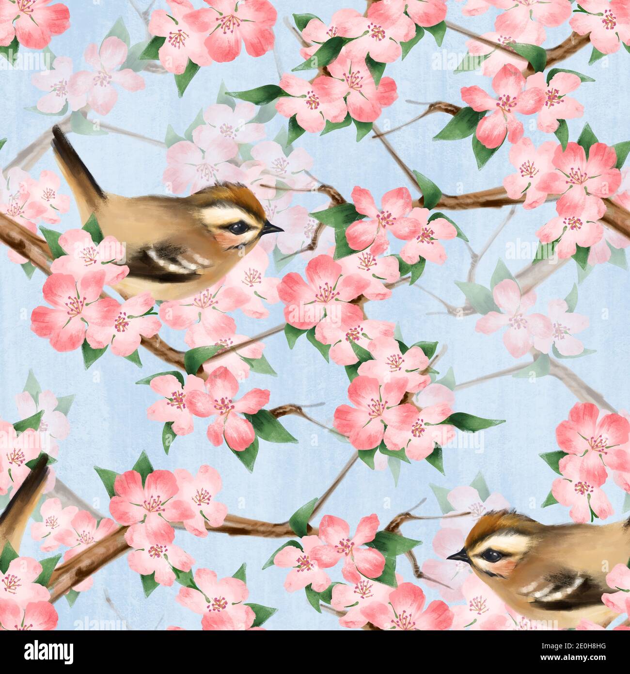 Seamless floral pattern of pink spring flowers and cute birds Stock ...