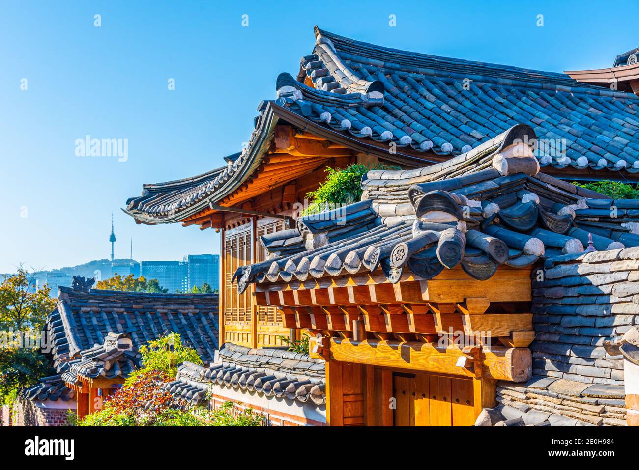 Namsan tower viewed from Bukchon hanok village in Seoul, Republic of ...