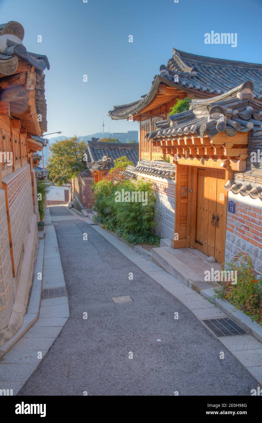 Namsan tower viewed from Bukchon hanok village in Seoul, Republic of ...