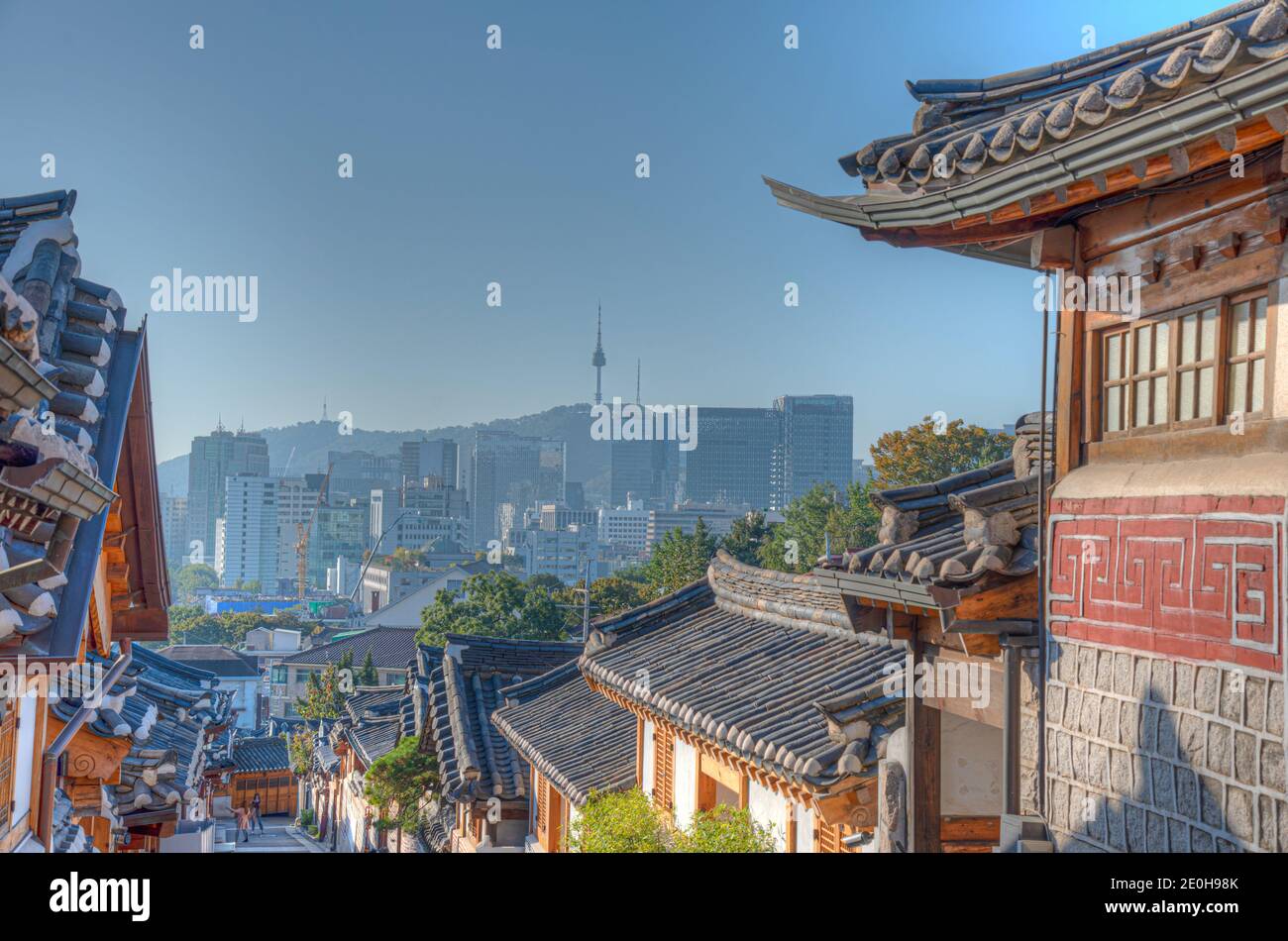 Namsan tower viewed from Bukchon hanok village in Seoul, Republic of ...