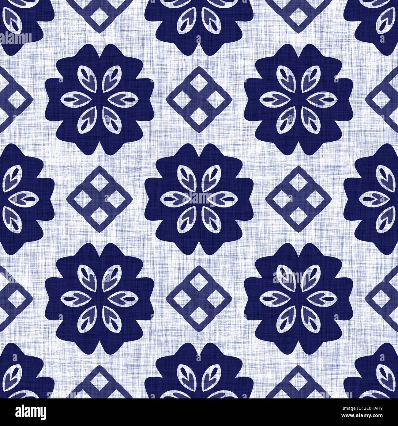 Indigo blue flower block print dyed linen texture background. Seamless ...