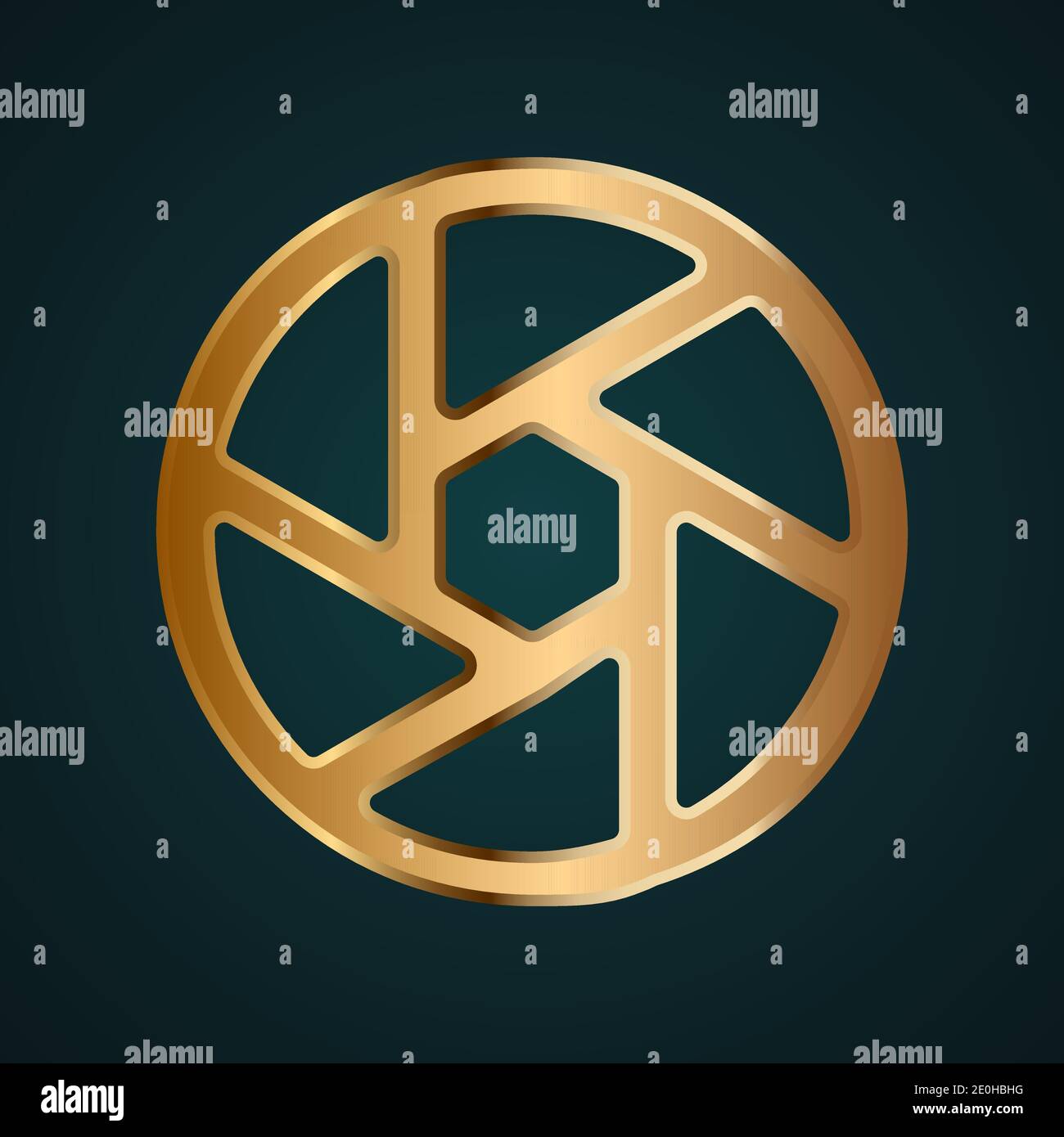 Camera shutter vector icon. Gradient gold metal with dark background ...