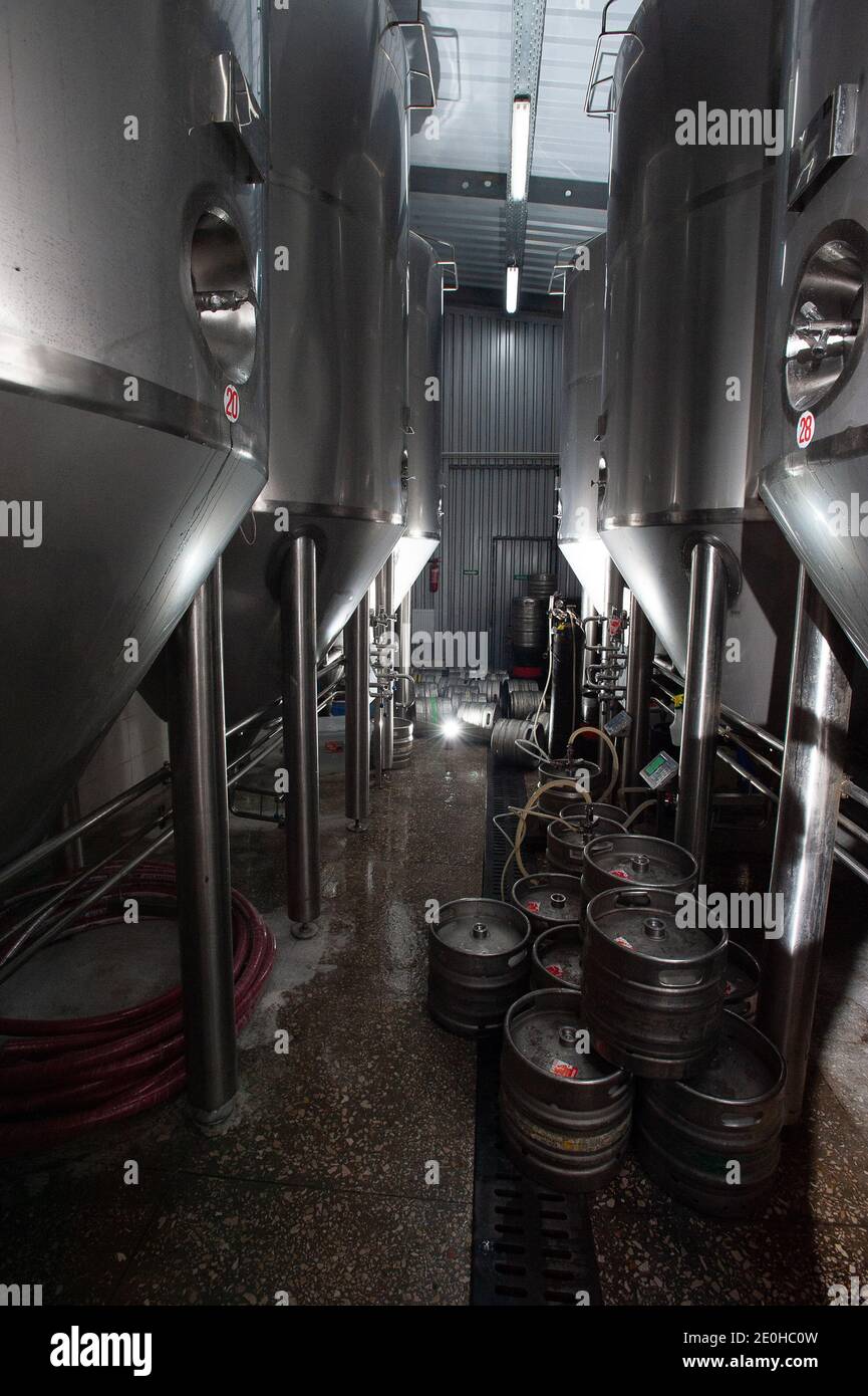 The interior of the brewery. Modern beer factory. Rows of steel ...
