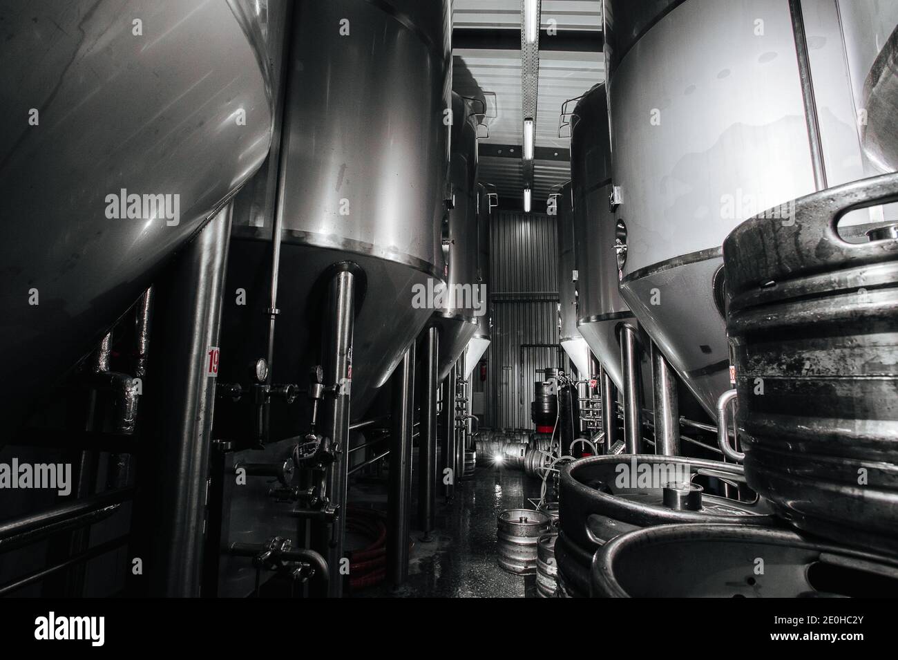 The interior of the brewery. Modern beer factory. Rows of steel ...