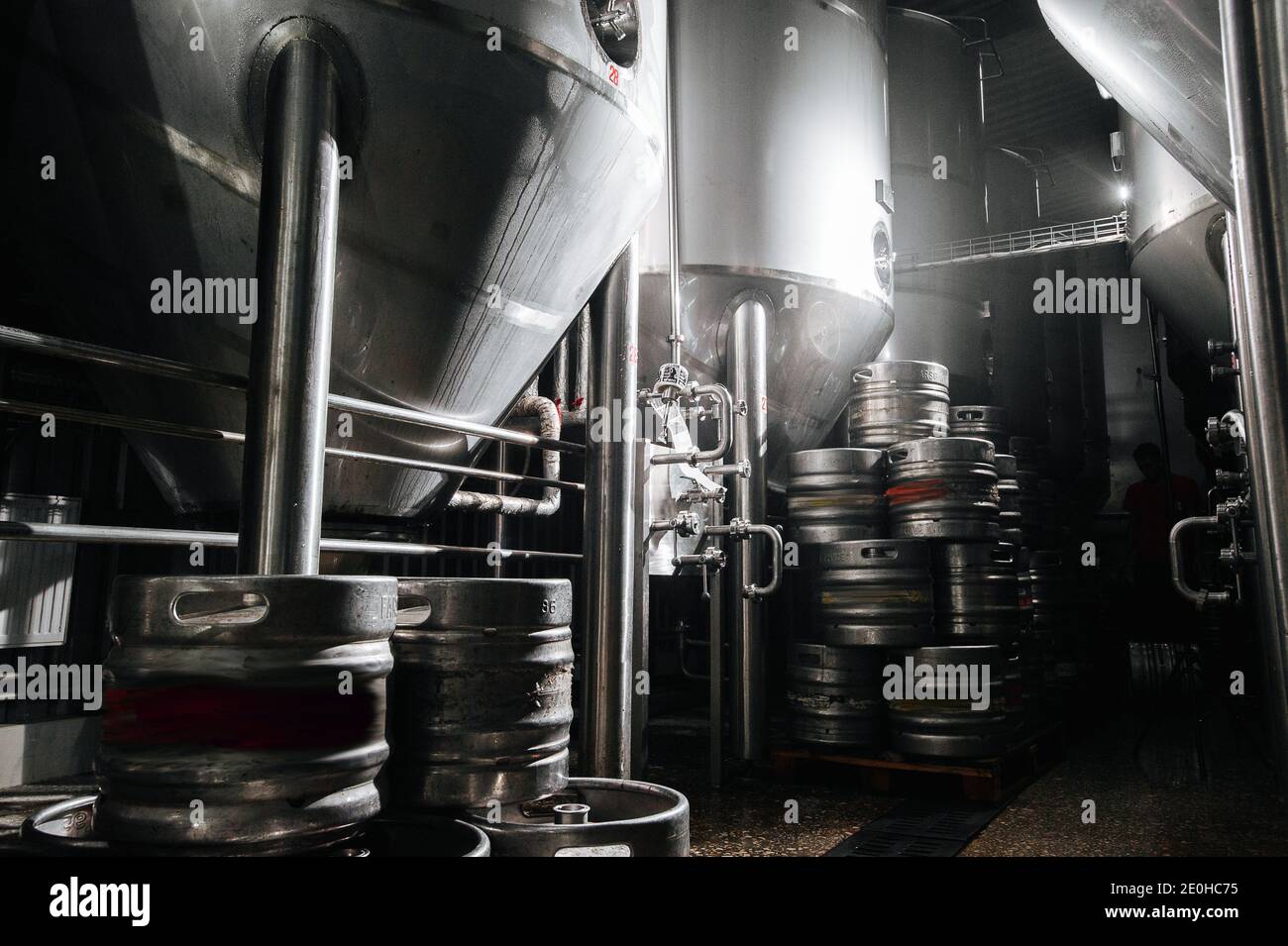 The interior of the brewery. Modern beer factory. Rows of steel ...