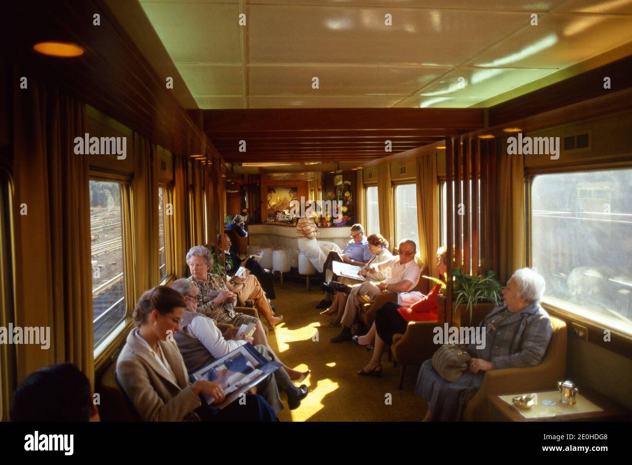 The lounge and bar on the Blue Train traveling between Cape Town and ...