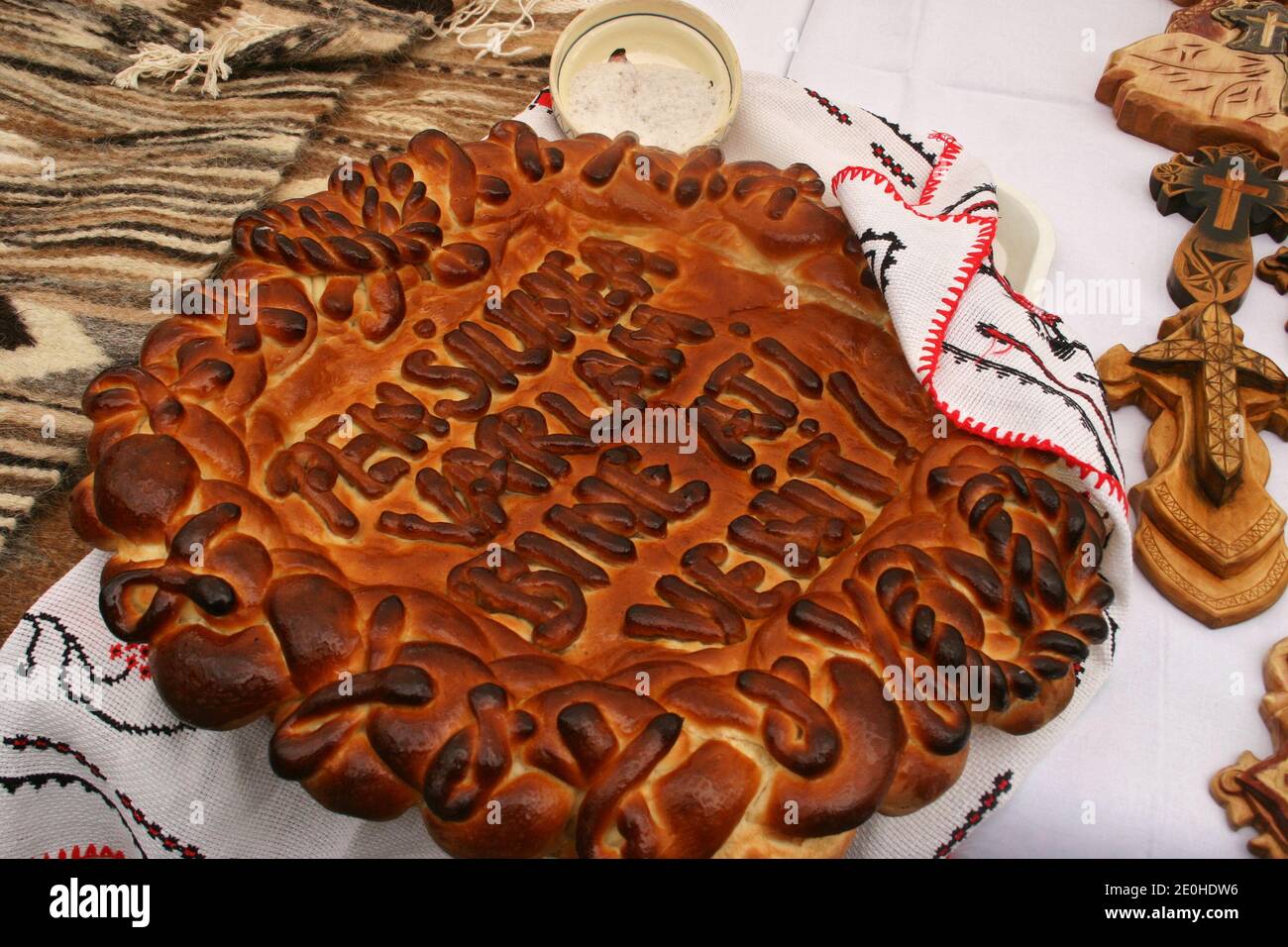 Round braided bread. Bread and salt, traditional welcoming custom in ...