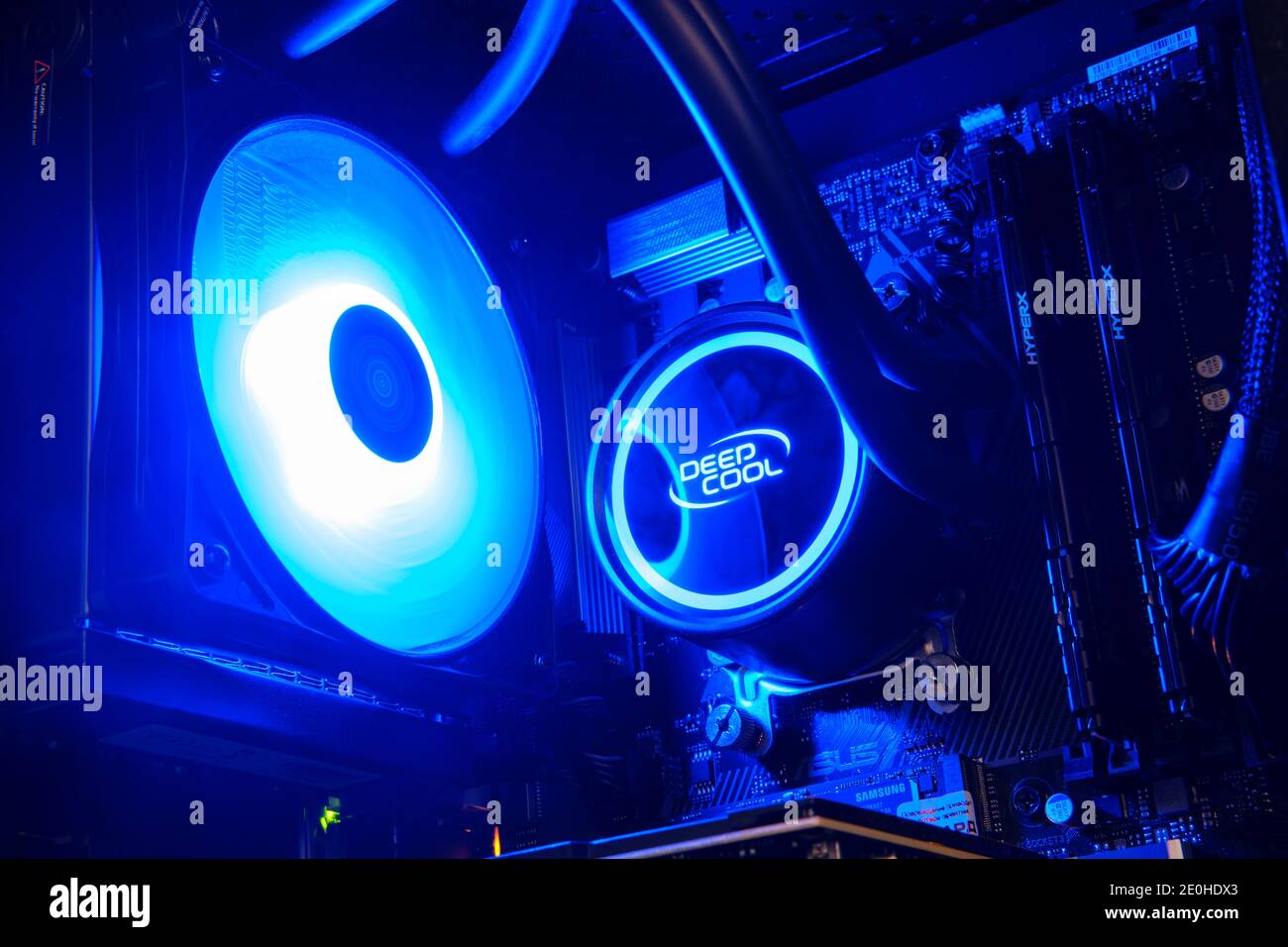 Open pc system unit with ice blue light liquid cooling - Moscow, Russia ...