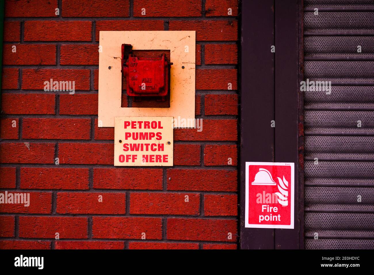 sign for emergency switch location on petrol station forecourt Stock ...