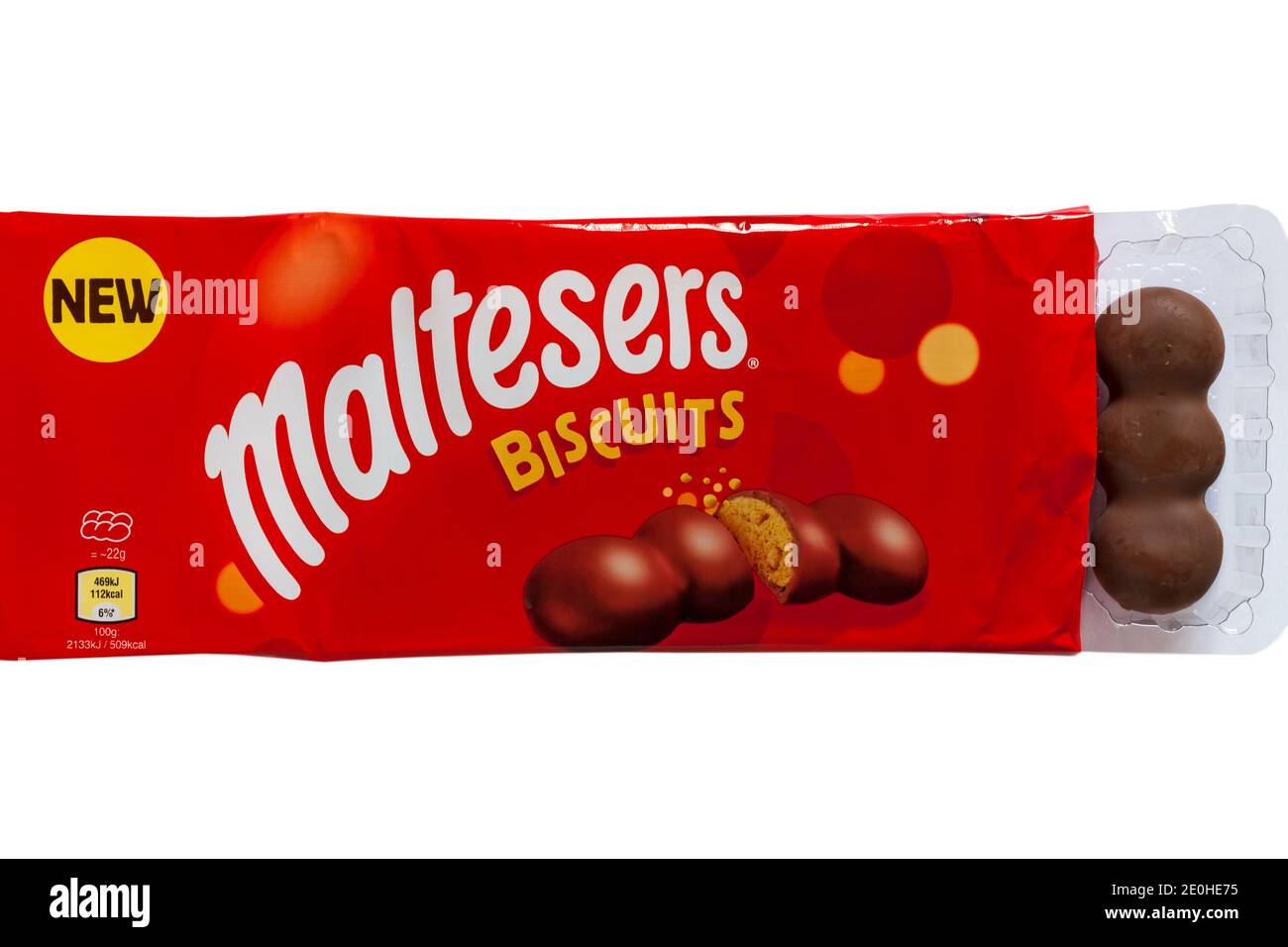 Packet of new Maltesers Biscuits opened to show contents set on white ...