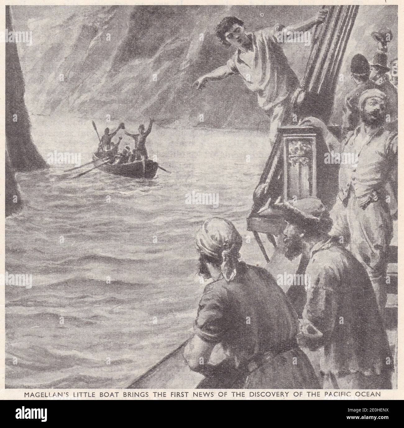 Vintage painting of Magellan's little boat bringing the first news of ...