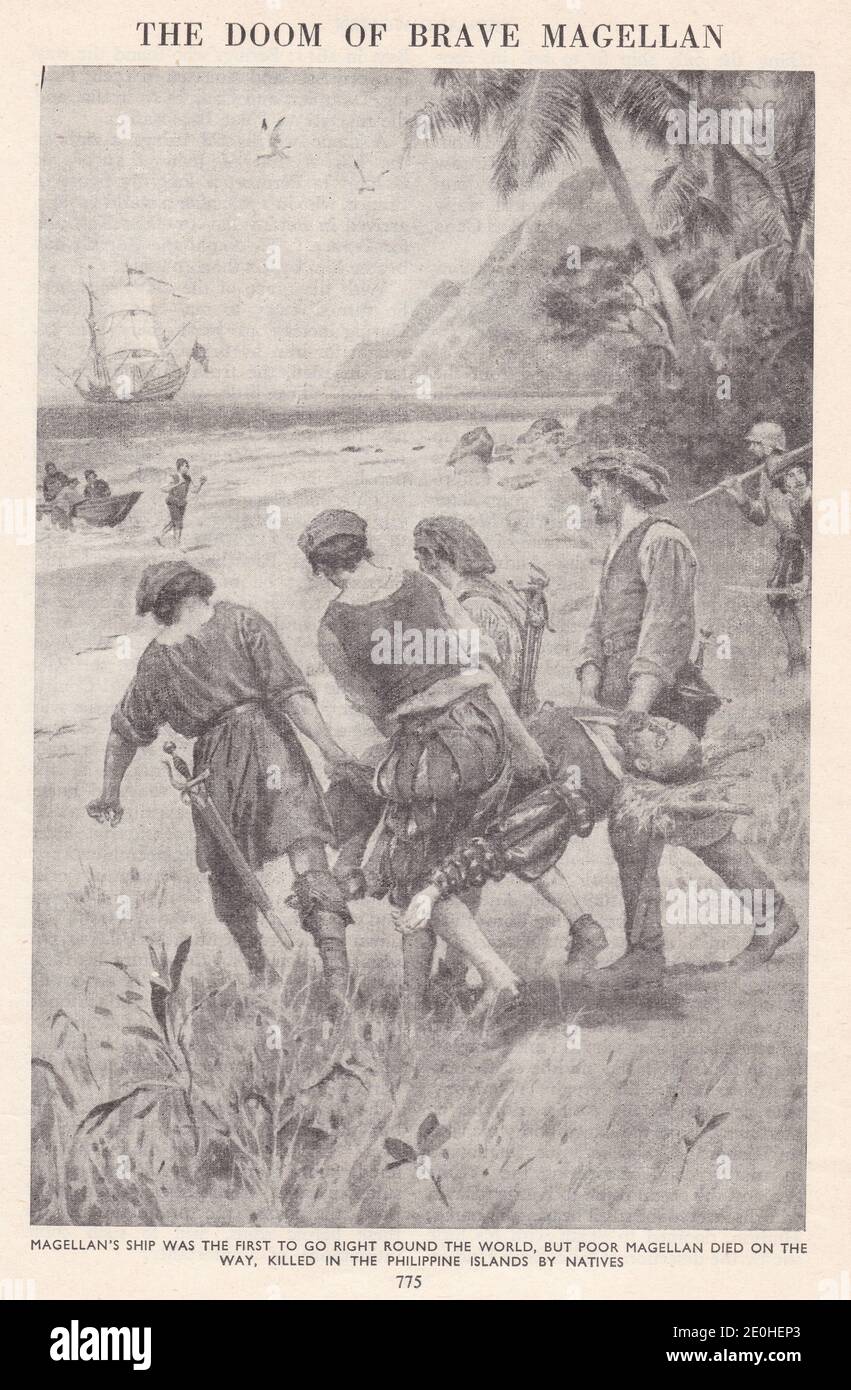 Vintage painting of Magellan's ship and of Magellan who died on the way ...