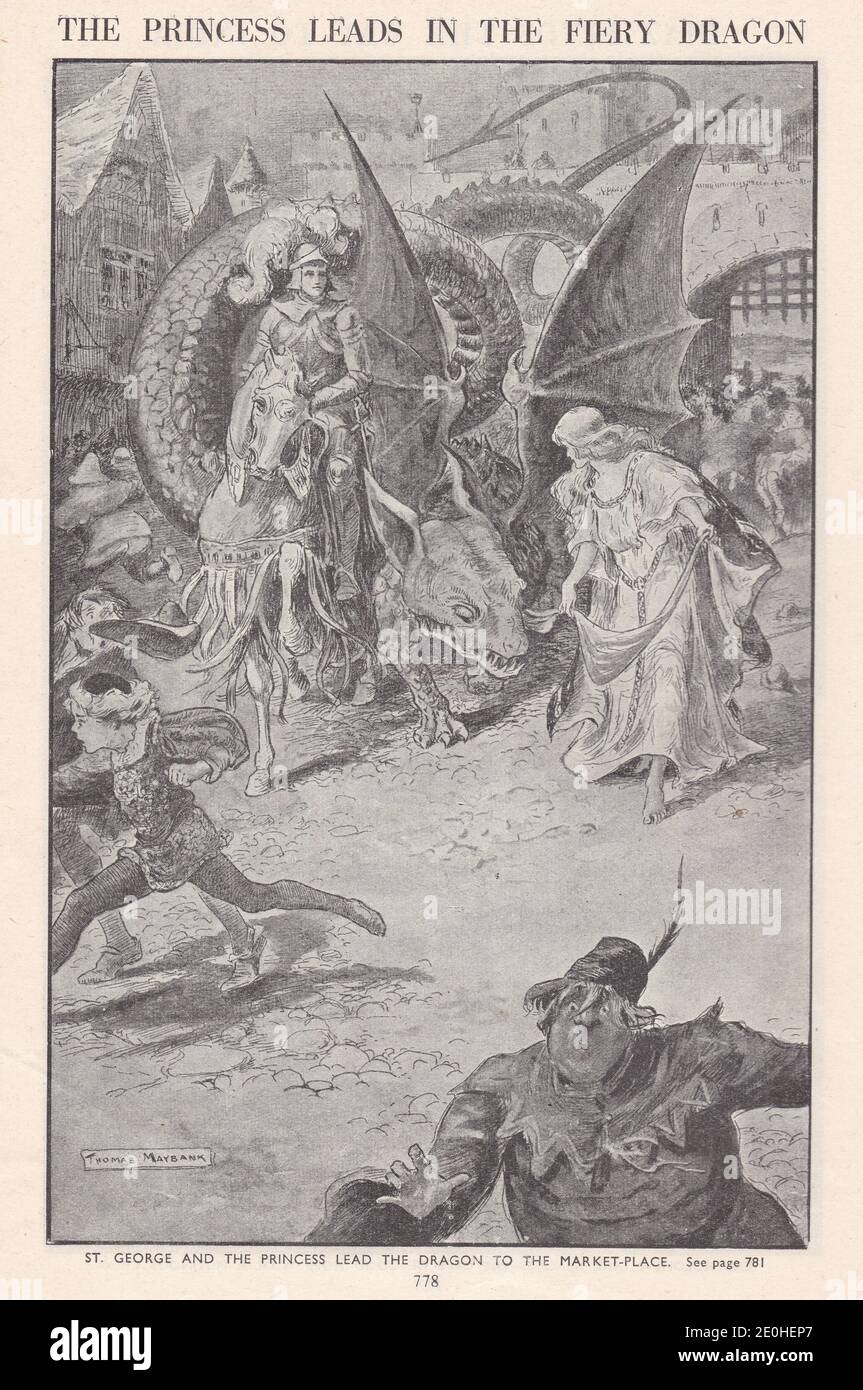 Vintage painting of St George and the Princess leading the dragon to ...