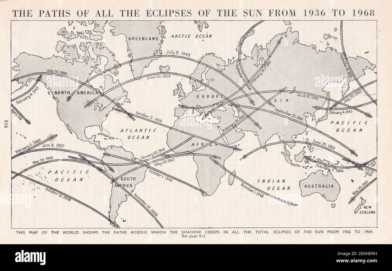 Vintage map of the paths of all the eclipses of the sun from 1936 to ...