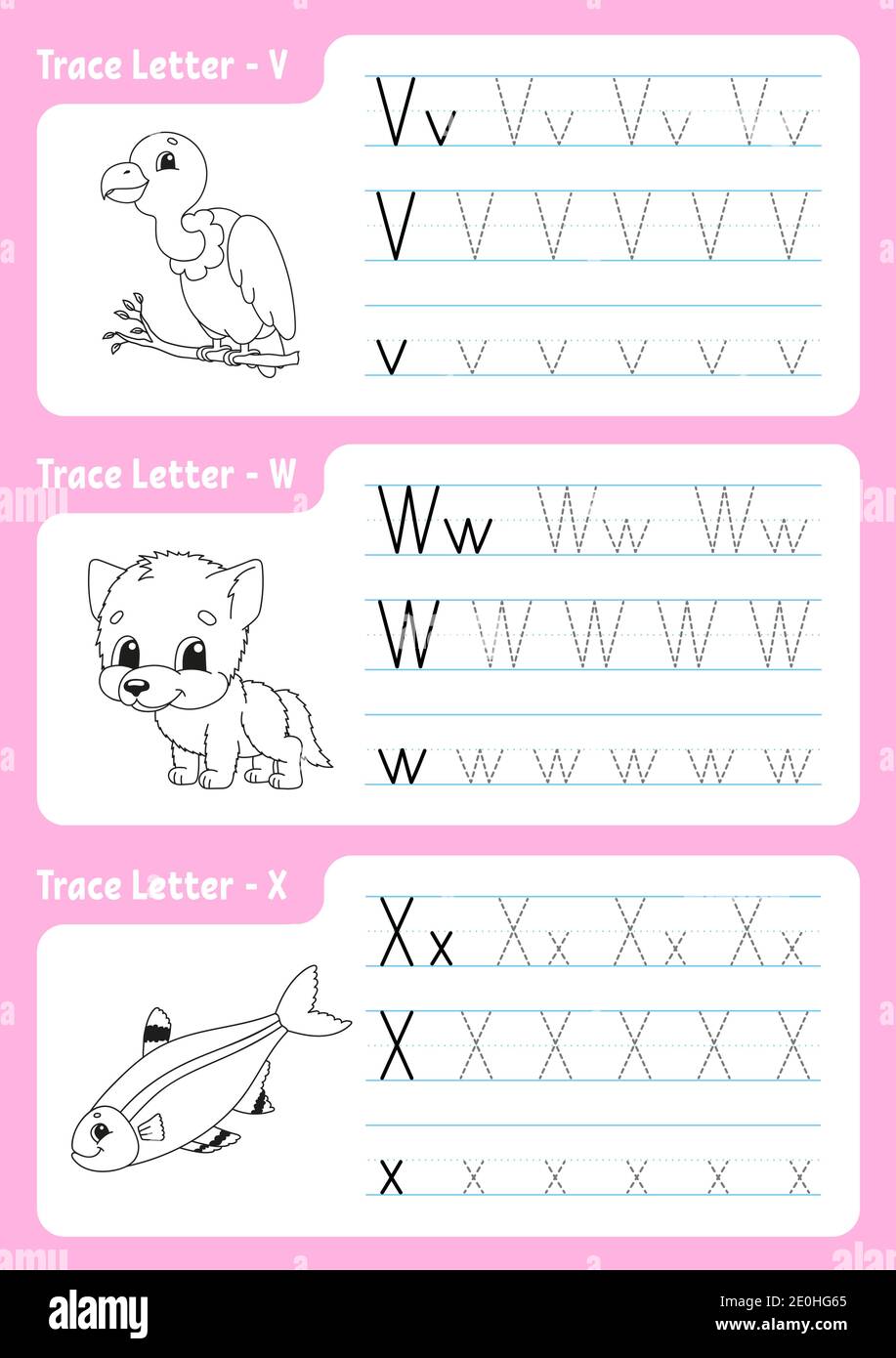Writing letters. Tracing page. Worksheet for kids. Practice sheet. Learn alphabet. Cute ...