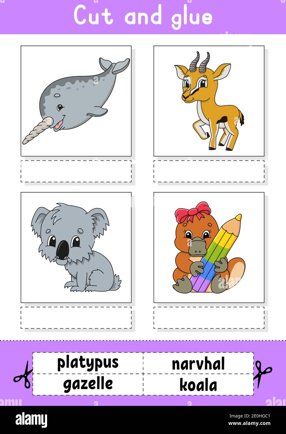 Cut and glue. Game for kids. Learn English words. Education developing ...