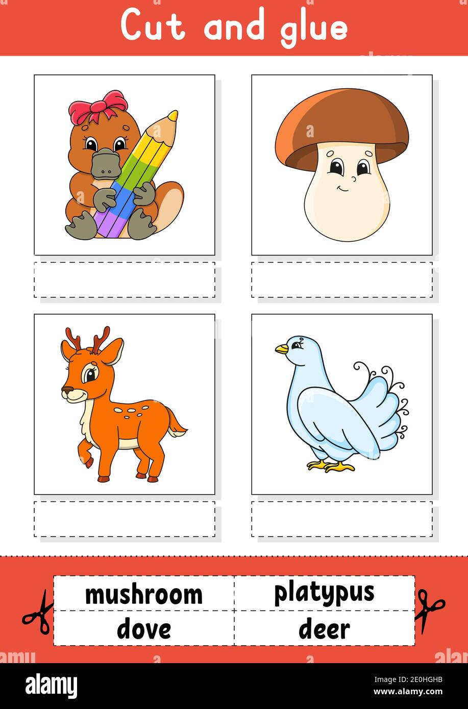 Cut and glue. Game for kids. Learn English words. Education developing ...