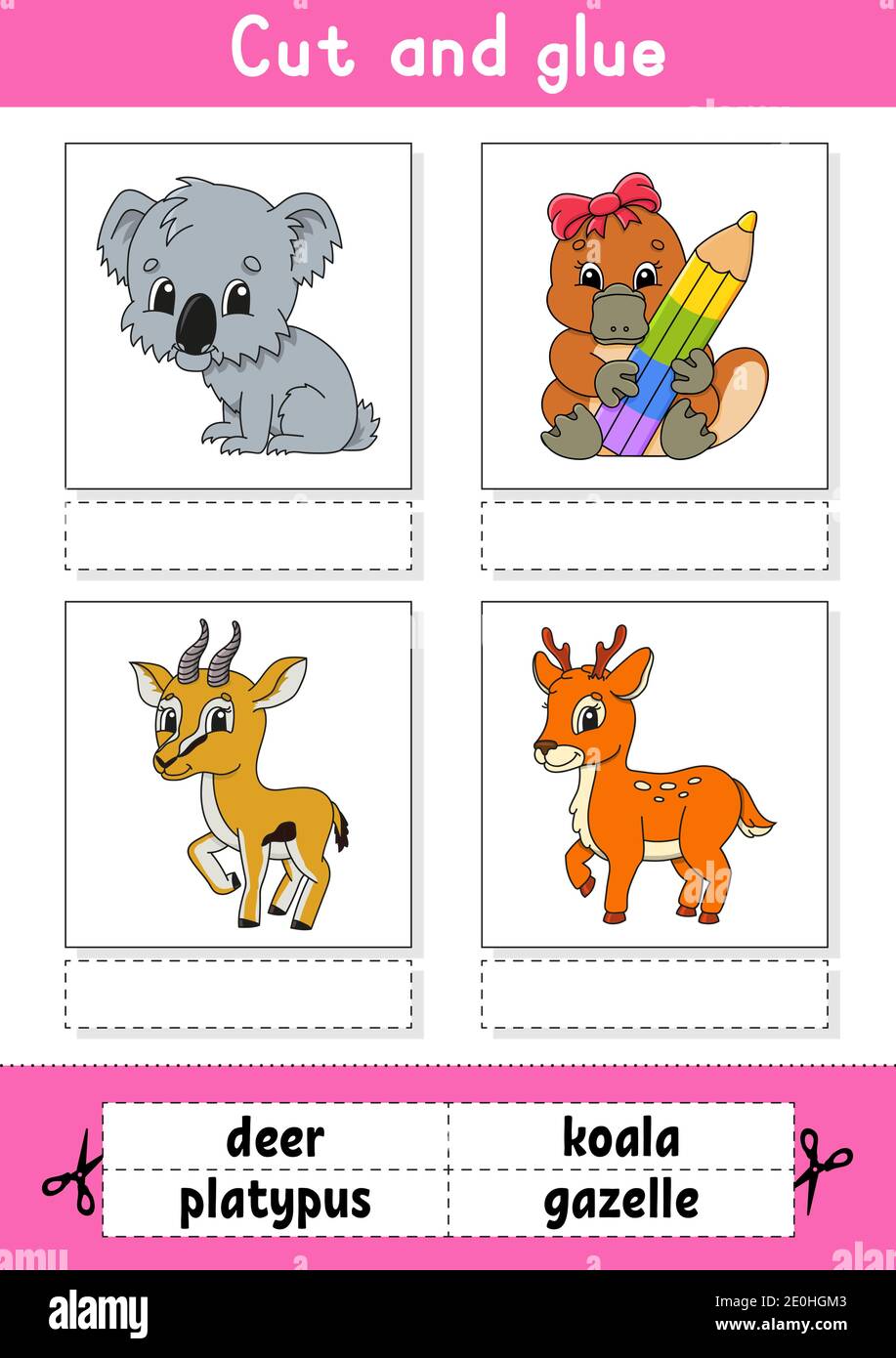 Cut and glue. Game for kids. Learn English words. Education developing ...