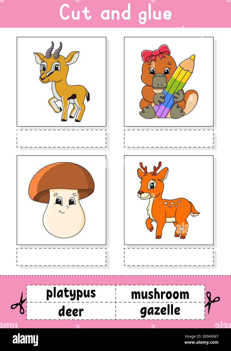 Cut and glue. Game for kids. Learn English words. Education developing ...