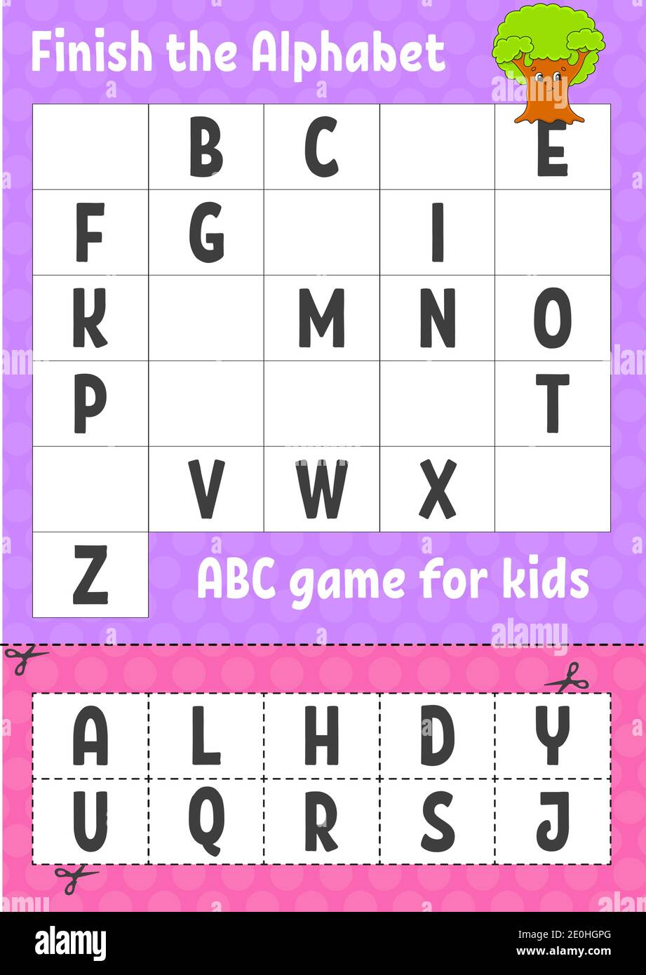 Finish the alphabet. ABC game for kids. Cut and glue. Education developing worksheet. Learning ...