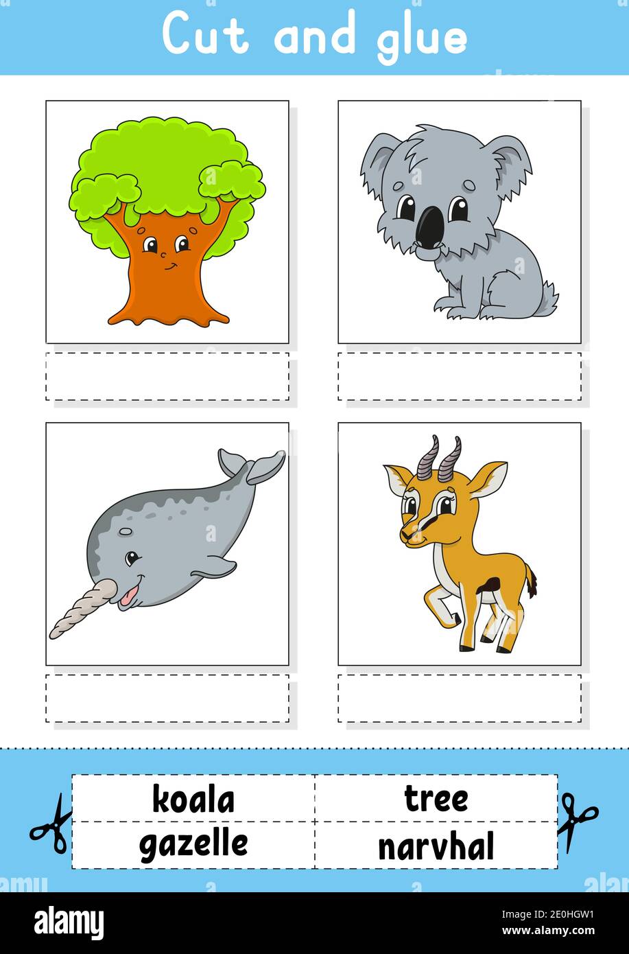 Cut and glue. Game for kids. Learn English words. Education developing ...