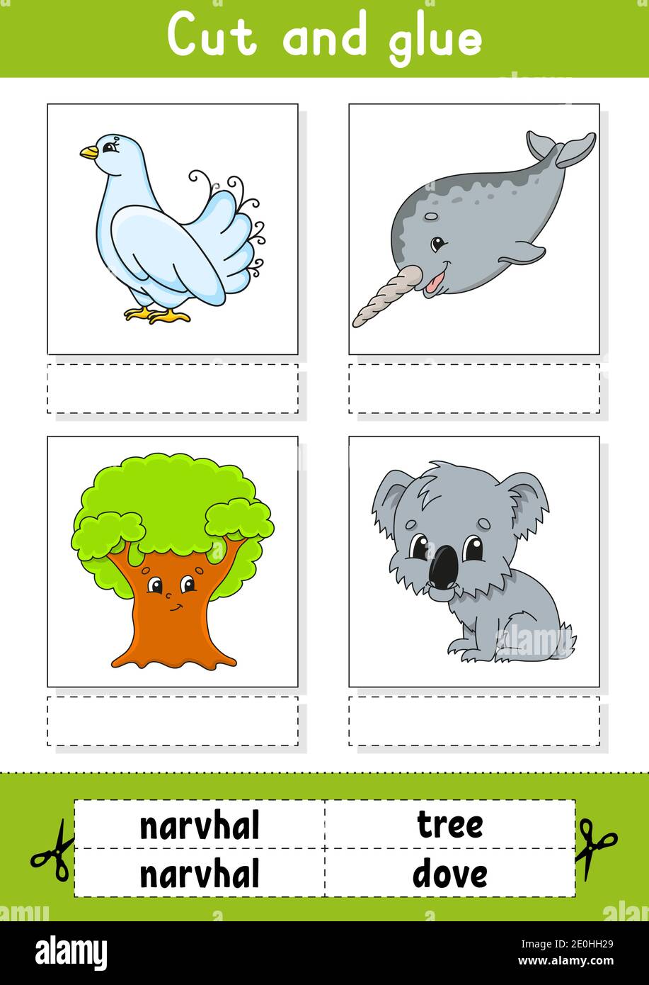 Cut and glue. Game for kids. Learn English words. Education developing ...