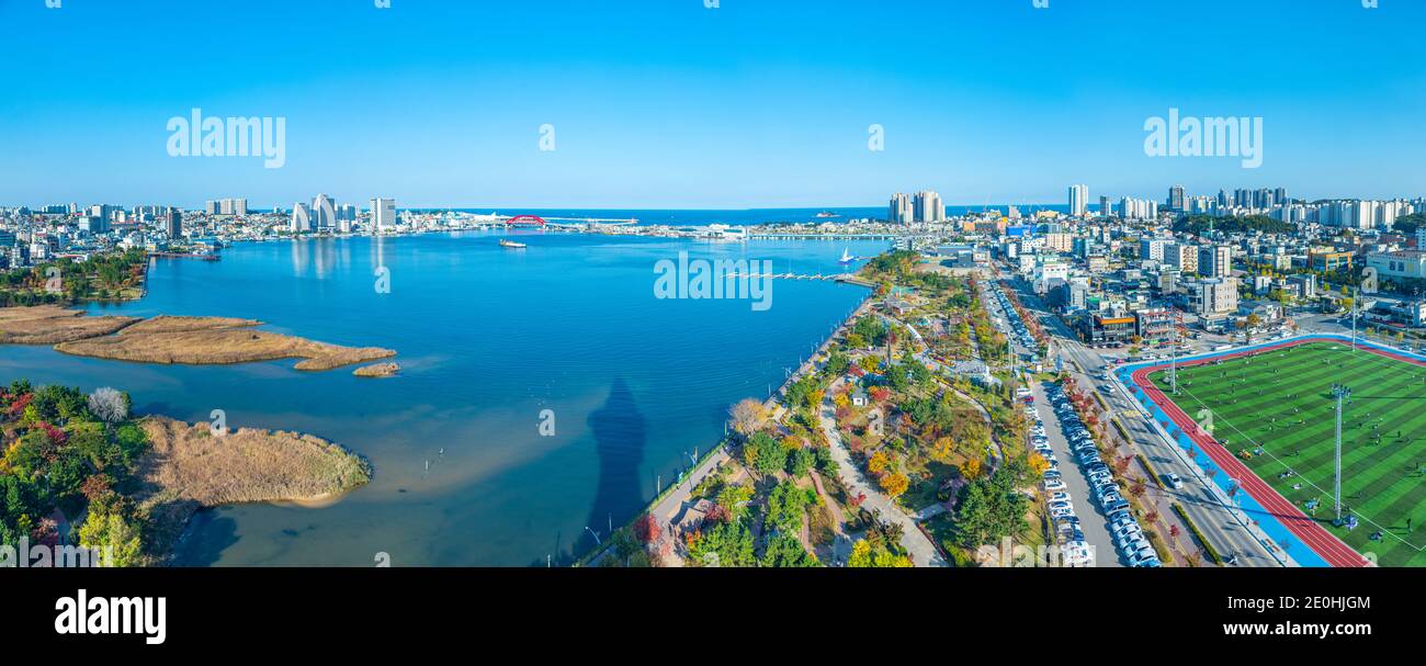 SOKCHO, KOREA, OCTOBER 27, 2019: Cityscape of Sokcho behind Cheongchoho ...