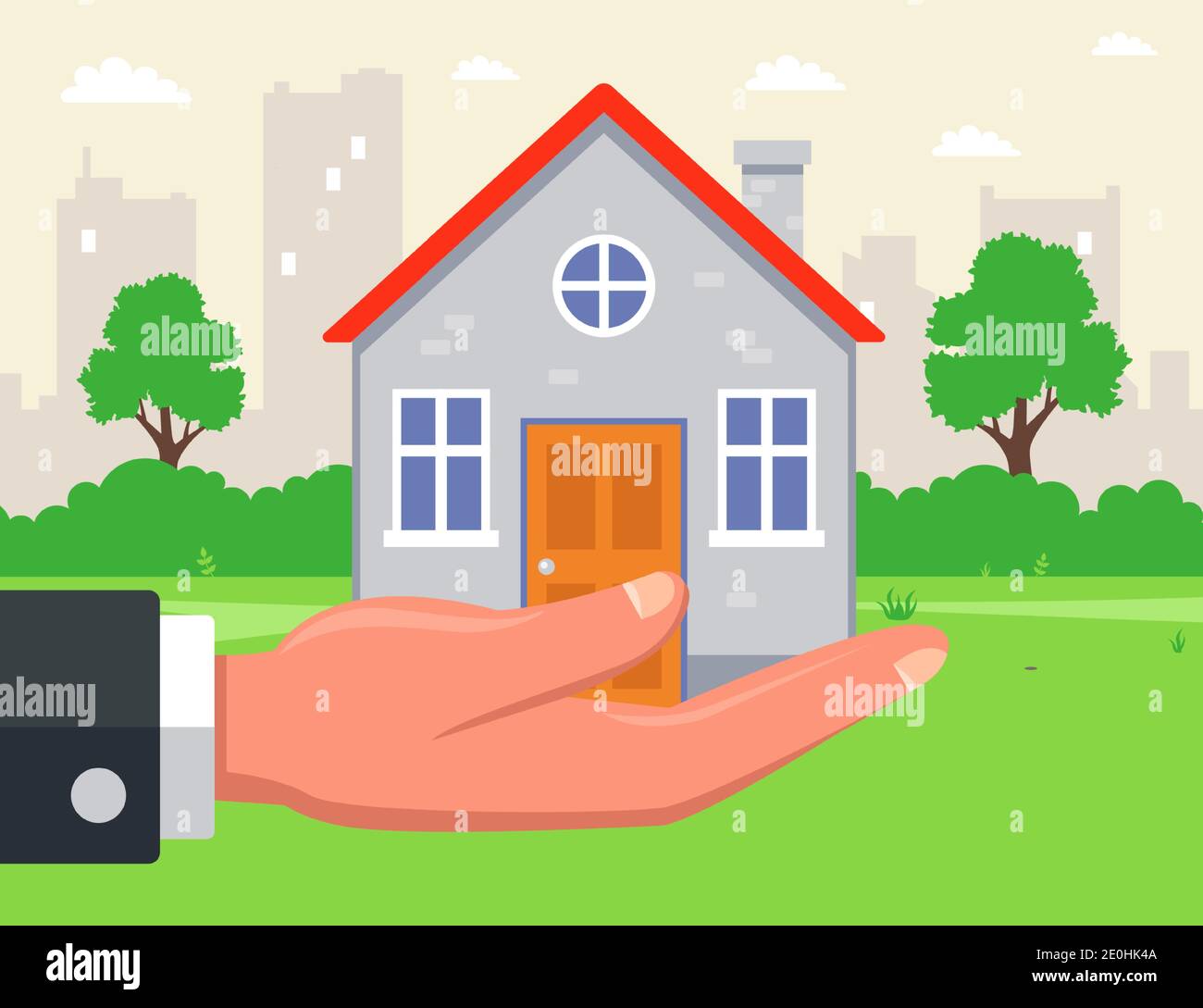 a man has a house on his hand against the background of the city. sale ...
