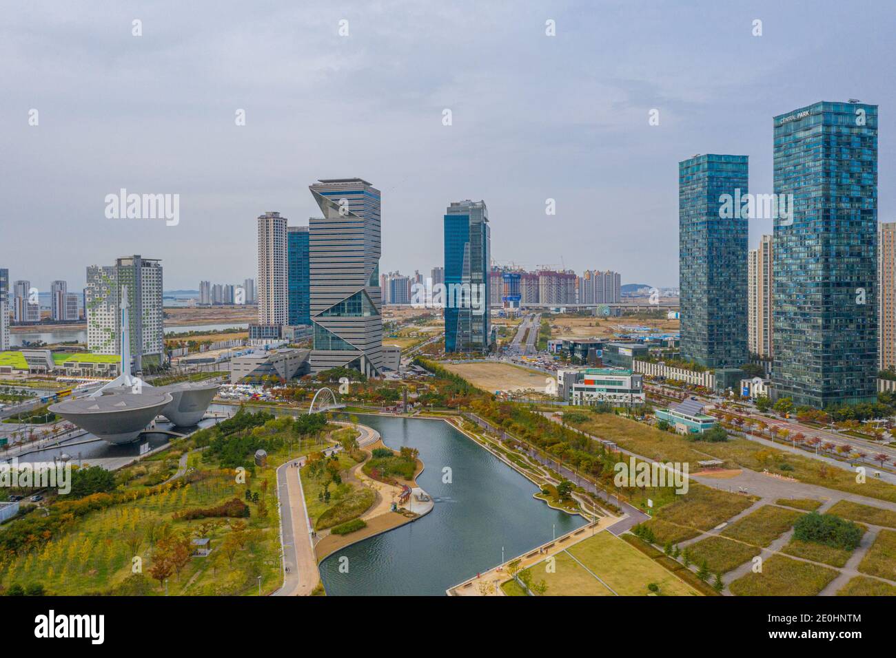 INCHEON, KOREA, OCTOBER 25, 2019: Aerial view of Songdo park in Incheon ...