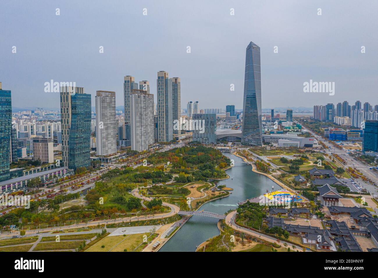 INCHEON, KOREA, OCTOBER 25, 2019: Aerial view of Songdo park in Incheon ...